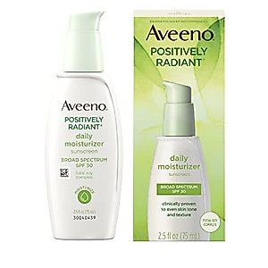 Aveeno Positively Radiant Daily Facial Moisturizer with Total Soy Complex and Broad Spectrum SPF 30 Sunscreen, Oil-Free and Non-Comedogenic, 2.5 fl. oz