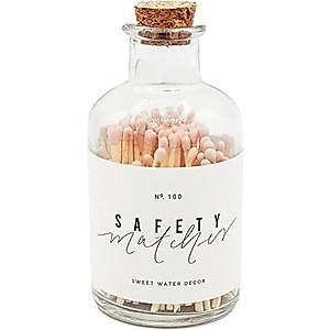 Sweet Water Decor 3" Safety Matches in Medium Apothecary Bottle | Rustic Jar of Approx. 100 Decorative Matchsticks with Strike Pad | Cute Candle Accessory Match Holder with Colored Tips (Blush)
