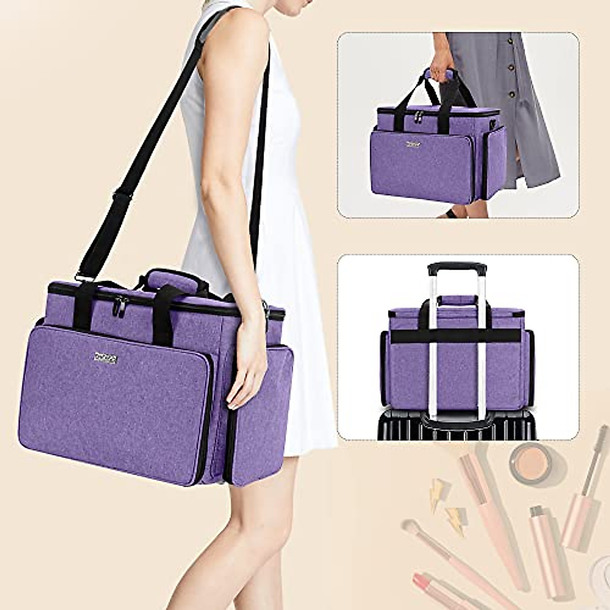 BAFASO Large Cosmetic Bag Makeup Bag with Adjustable Dividers, Travel Makeup Case Holds Cosmetics and Hair Supplies, Purple