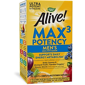 Nature’s Way Alive! Men’s Max3 Potency Multivitamin, Supports Whole Body Wellness*, Supports Cellular Energy*, B-Vitamins, Gluten-Free, 90 Tablets
