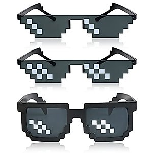[3 Pack] Thug Life Sunglasses, Men Women Glass 8 Bit Pixel Mosaic Glasses Photo Props Unisex Sunglass Toy - Black