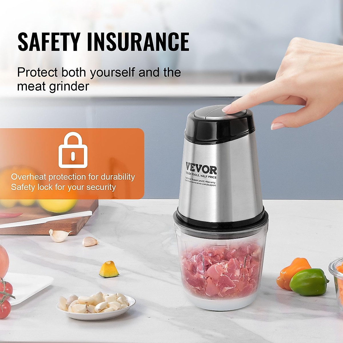 VEVOR Food Processor, Mini Electric Chopper 400W, 2 Speeds Electric Meat Grinder, Stainless Steel Meat Blender, for Baby Food, Meat, Onion, Vegetables, 2.5 Cup