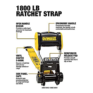 DEWALT DXBC18002 Black/Yellow 1.25" x 12' Ratchet Tie Down Straps - Light-Weight Cargo Hauling (1800 lb Break Strength), 2 Pack