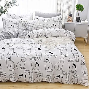 LAYENJOY Cats Duvet Cover Set Twin, 100% Cotton Bedding, Various Cartoon Cats Pattern Printed on White Reversible Black Plaid, Cute Animal Comforter Cover for Kids Teens Boys Girls, No Comforter