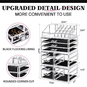 DreamGenius Makeup Organizer 4 Pieces Acrylic Makeup Storage Organizer Box with 9 Drawers for Lipstick Jewerly and Makeup Brushes, Stackable Cosmetic Display Cases for Dresser and Bathroom Countertop