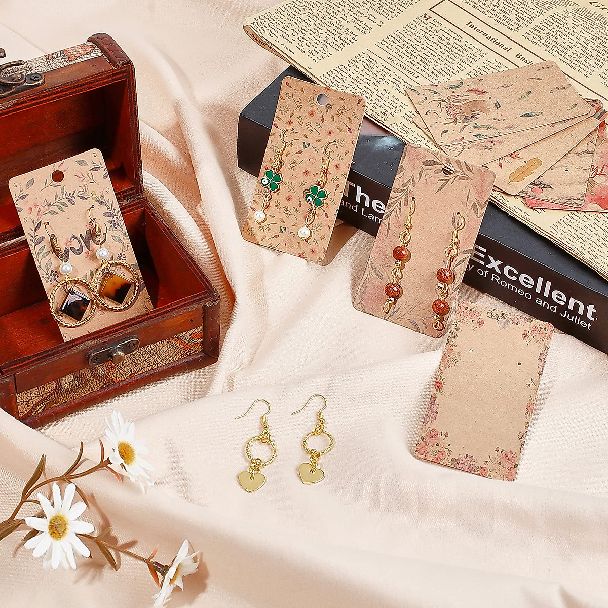 PH PandaHall 126pcs Vintage Earring Display Cards 9 Styles Rectangle Earring Cards Earring holder Cards with 200pcs Plastic Ear Nut for DIY Selling Small Business Earring Package Display, 3.5×2”