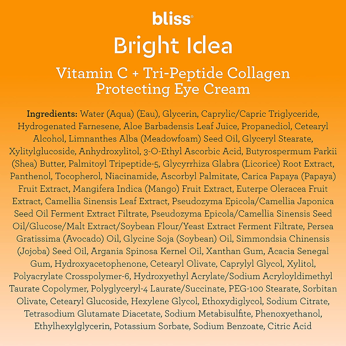 Bliss Vitamin C Eye Cream – Brightening & Hydrating Anti-Aging Treatment with 3-O-Ethyl Ascorbic Acid, Tri-Peptide & Licorice Root – Reduces Fine Lines, Boosts Collagen & Firms, 0.5 fl oz