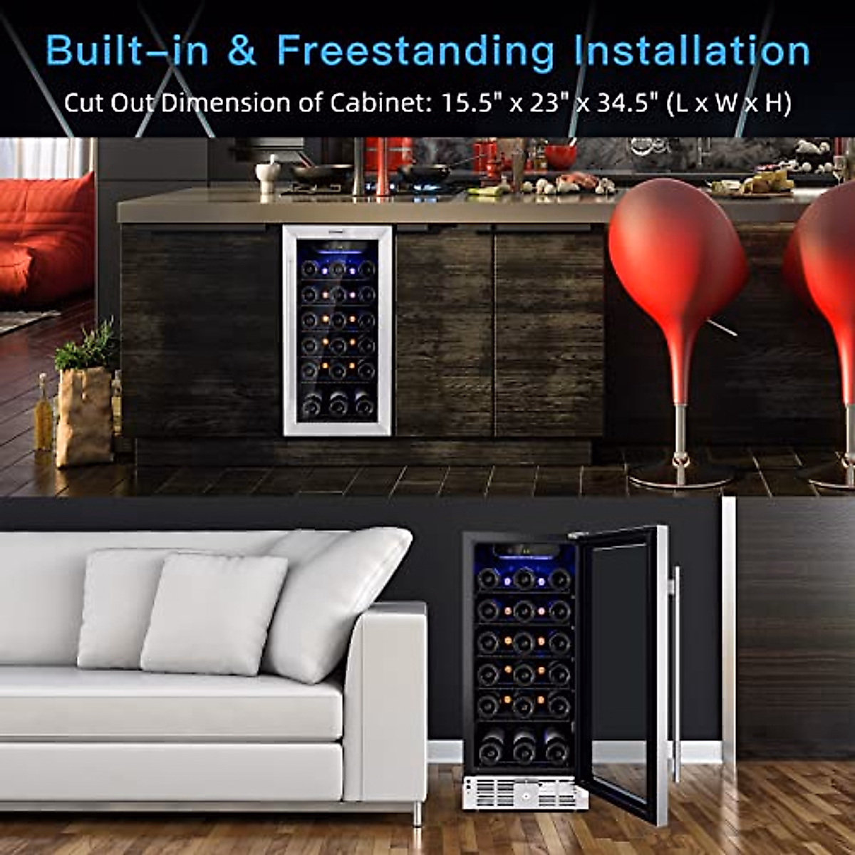 COSTWAY 15 Inch Wine Cooler Refrigerator, 30 Bottles Stainless Steel Wine Cellar with Lock, Tempered Glass Door, Digital Temperature Control, Built-in & Freestanding Compressor Mini Wine Fridge for Home Bar Office