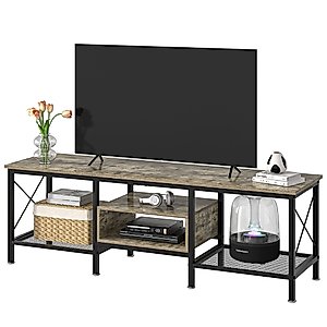 VECELO Industrial TV Stand for 65 Inch Television Cabinet 3-Tier Console with Open Storage Shelves, Entertainment Center Metal Frame for Living Room, Bedroom, 55 Inch, Grey