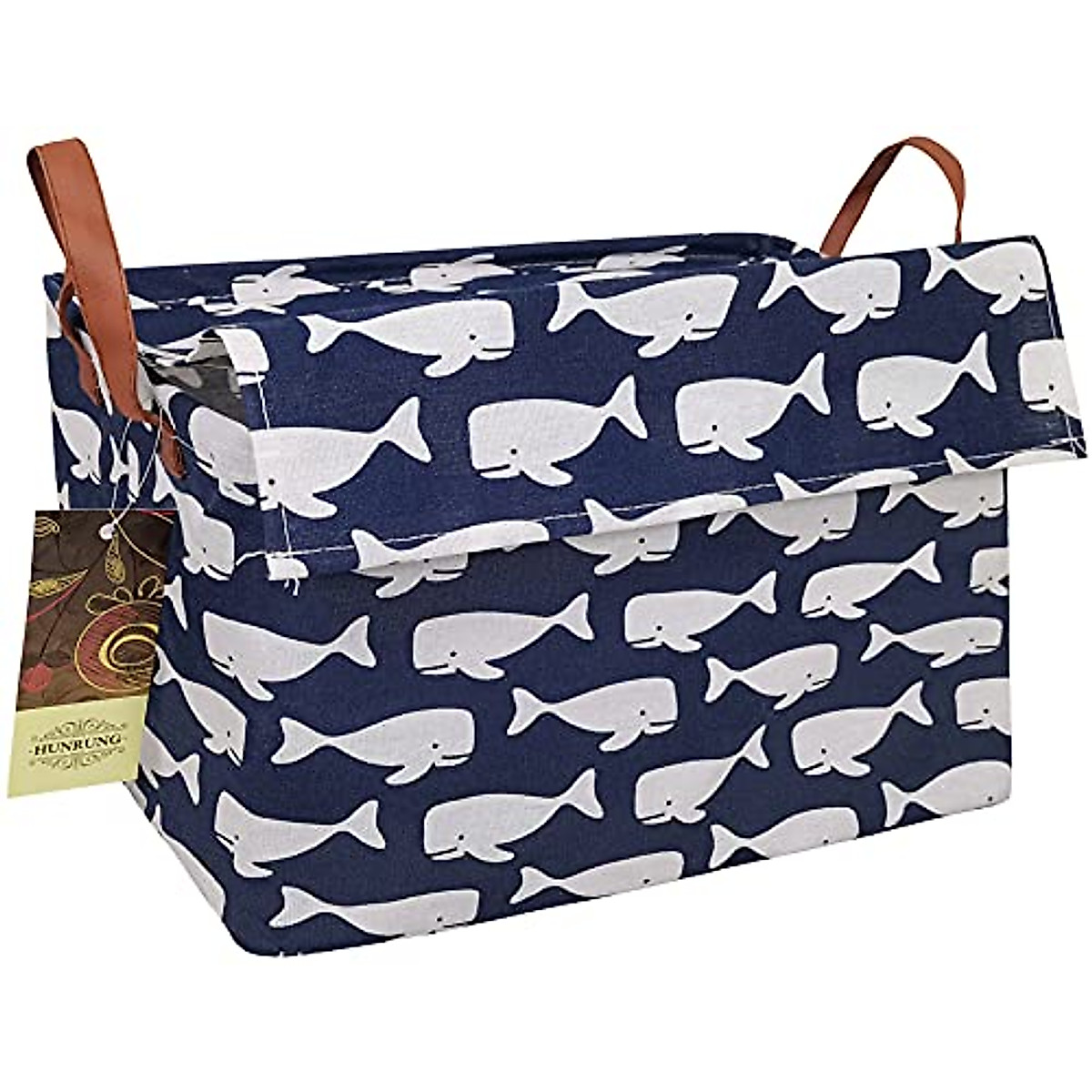 HUNRUNG Storage Boxes with Lids Rectangle/Square Storage Bins，Storage Basket Cute Canvas Organizer Bin for Pet/Children Toys, Books, Clothes Perfect for Rooms（Rec-Blue Whale-with lid）