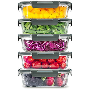 Zulay Kitchen 5 Pack Leak-Proof Glass Food Storage Containers - 36 oz Thick & Durable Glass Meal Prep Containers - Airtight Easy to Clean Glass Storage Containers With Lids