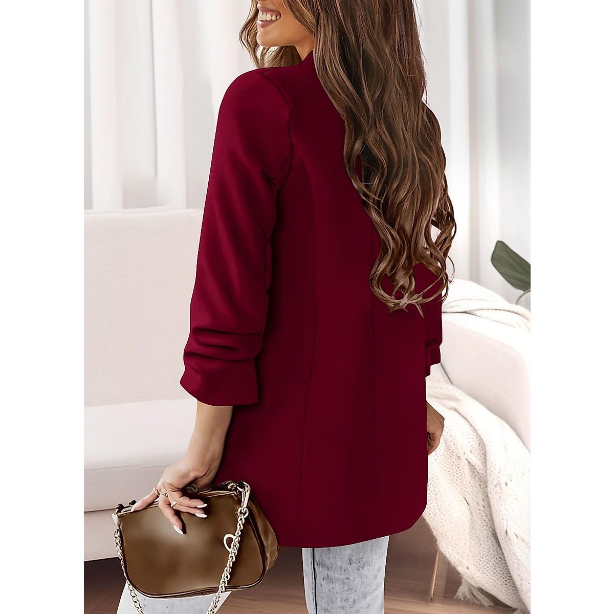 PRETTYGARDEN Womens Casual Blazers 2024 Fall Open Front Long Sleeve Work Office Jackets Blazer (Wine Red,Large)