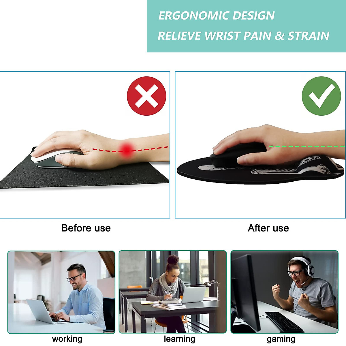 Mouse Pad with Wrist Support, Ergonomic Mouse Pad with Memory Foam Wrist Rest Cushion, Non-Slip Rubber Base Gaming Mice Pad for Home Office Computer Laptop, Human Skeleton