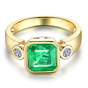 Lanmi 14K Yellow Gold Natural Green Emerald Diamonds Rings Engagement Wedding Band for Women Promotion