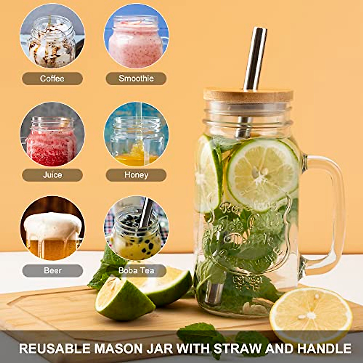Mason Jar 24OZ Mason Jar with Lid and Straw Regular Mason Jar Lids Set Of 4 Mason Jar Cups with Handles Reusable Boba Cups Travel Bottle for Iced Coffee Large Pearl Juice Cocktail Smoothie (4, 24OZ)