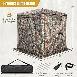 HAPPYGRILL Hunting Ground Blind for 2-3 Person, 270° See Through Hunting Blind with Storage Bag, Panoramic Window, Silent Window Slide, Portable Pop Up Blind Hunting Tent