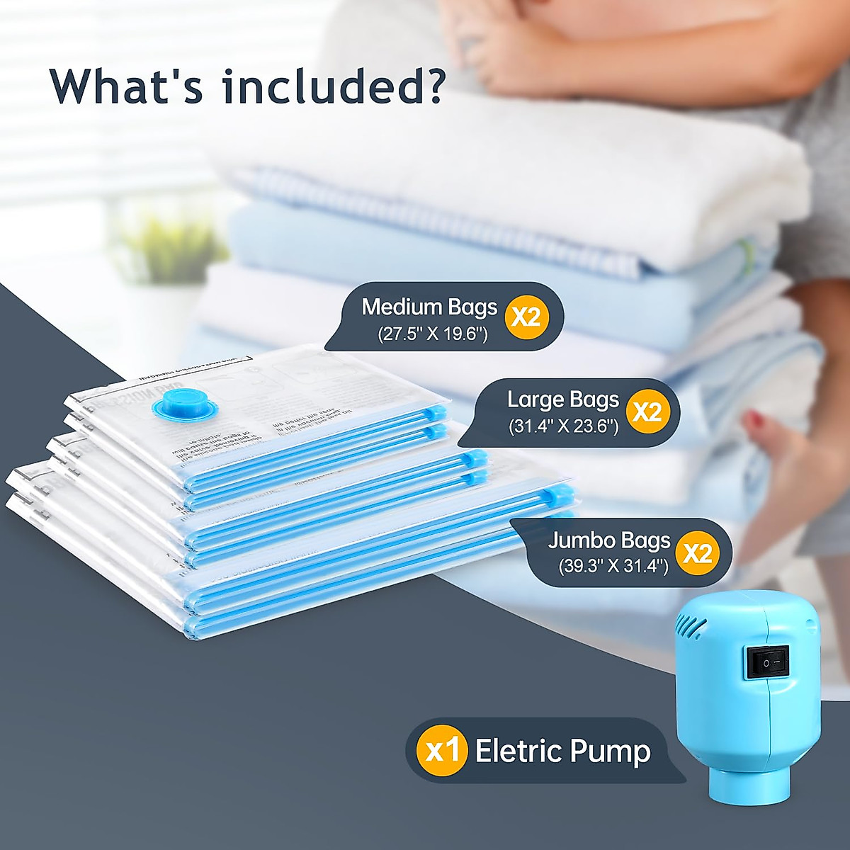 SUPFOO Space Saver Vacuum Storage Bags with Electric Pump,6 Pack(2 Jumbo/2 Large/2 Medium) Double Zip Seal,Vacuum Seal Bags Fit Clothes,Comforters,Blankets,Mattress,Duvets,Pillows,Travel