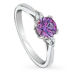 BERRICLE Sterling Silver 3-Stone Purple Round Cubic Zirconia CZ Fashion Anniversary Ring for Women, Rhodium Plated Size 9