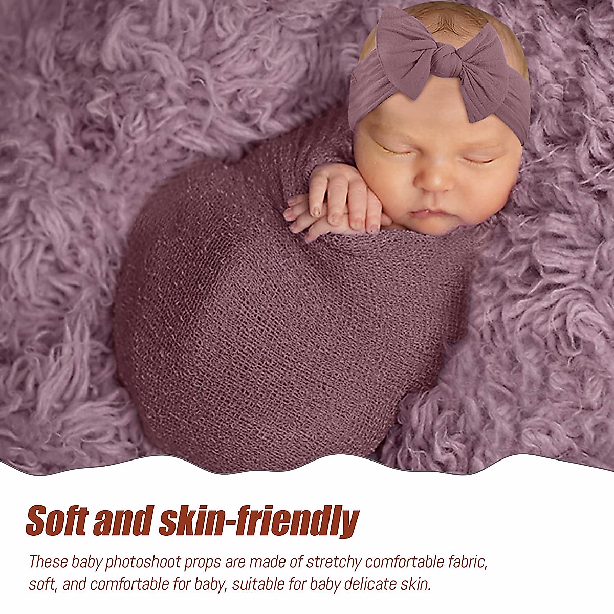 AOKE 5 PCS Newborn Photography Wrap Props Kit, Newborn Photo Props Long Ripple Wraps DIY Blanket with Flower Headbands, Purple Toddler Baby Photography Props Mat Set for Baby Boys and Girls