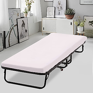 Folding Guest Bed with Wheels Guest Beds Portable Beds Extra Roll Away Foldaway 3.9 Inch Comfort Foam Mattress Strong Sturdy Frame Heavy Duty L75*W30*H12 Inches，White