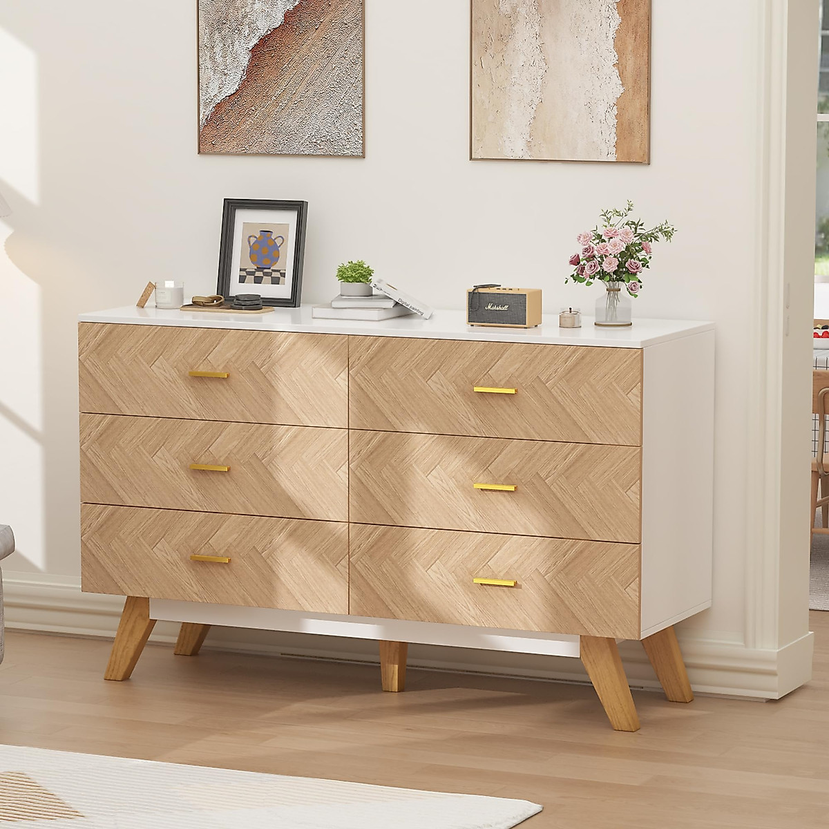 EazeHome 6 Drawers Dresser, Wooden Double Dresser with Large Organizer, Dresser TV Stand for Bedroom, 47.2” Wide Chest of Drawers for Closet, Dressing Room, Hallway(White&Oak)