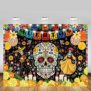 MEHOFOND 7x5ft Day of The Dead Backdrop for Mexican Fiesta Dia De Los Muertos Birthday Party Decorations Banner Sugar Skull Flower Photography Background Paper Cutting Photo Props