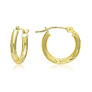 14k Gold Hand Engraved Diamond-Cut Round Hoop Earrings, (13mm-0.5 inch Diameter)-Yellow Gold…