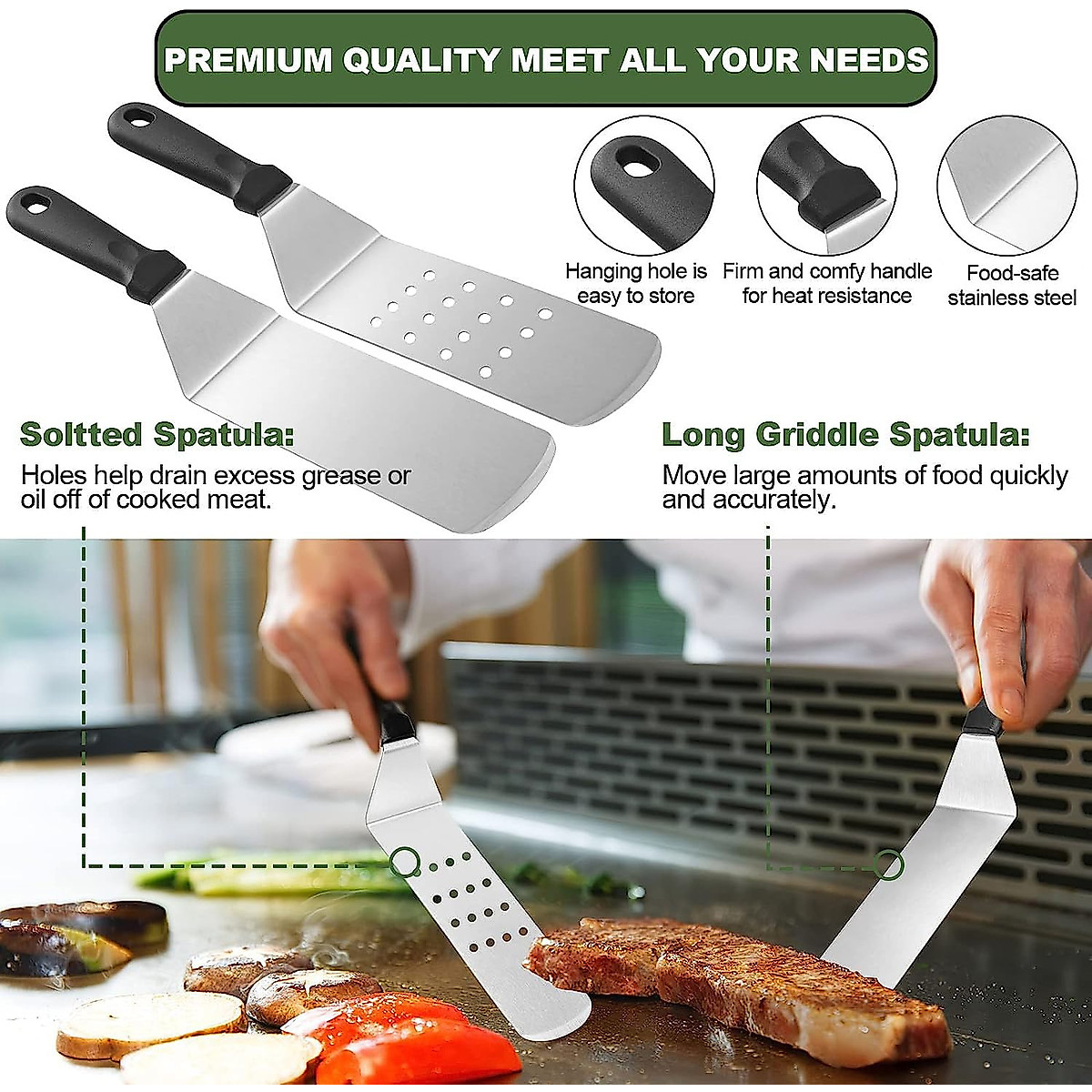 Griddle Accessories Kit, 42PCS Flat Top Grill Accessories Set for Blackstone and Camp Chef, BBQ Spatula Set with Enlarged Spatulas, Scraper, Tongs for Outdoor Barbecue & Cooking