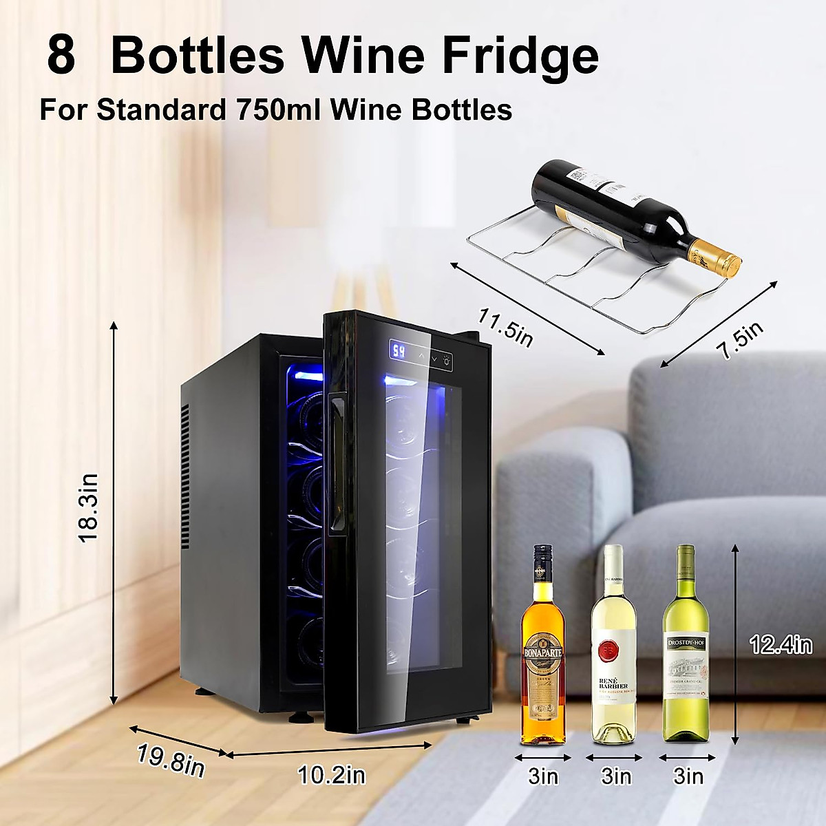 GEVEELIFE Wine Cooler Refrigerator, 8 Bottle Wine Fridge Small, Freestanding with Digital Temperature Control Mini Wine Fridge, Wine Cellar for Red, White, Champagne