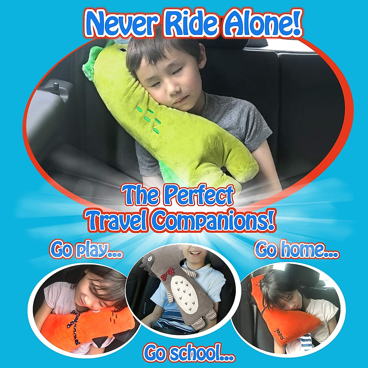 Attelia Kids Car Seat Belt Pillow for Kids, Neck Support Pillow Adjustable Seat Strap Shoulder Pads Road Trip Pillow Seatbelt Buddy (Green Dinosaur L)