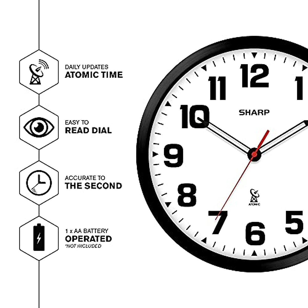 SHARP Atomic Analog Wall Clock - 12" Black Stylish Frame - Sets Automatically- Battery Operated - Easy to Read - Easy to Use – Modern Design and Style