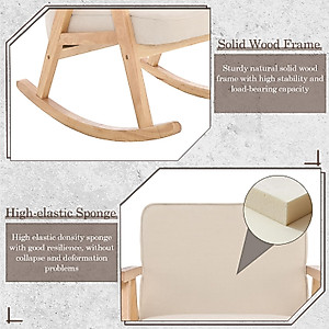 JEEOHEY Nursery Rocking Chair, Modern Upholstered Button Tufted Teddy Fabric Rocker Glider Chairs Single Sofa Armchair w/Solid Wood Legs, Side Pockets for Nursery Room, Living Room, White