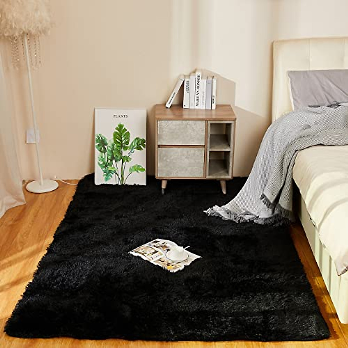 LFHHT Modern Indoor Fluffy Area Rug 5x7 Feet, Black Plush Fuzzy Shaggy Rugs for Living Room Bedroom Nursery Dorm Room Home Decor, Carpet Shag Rugs for Kids Girls Boys, Black
