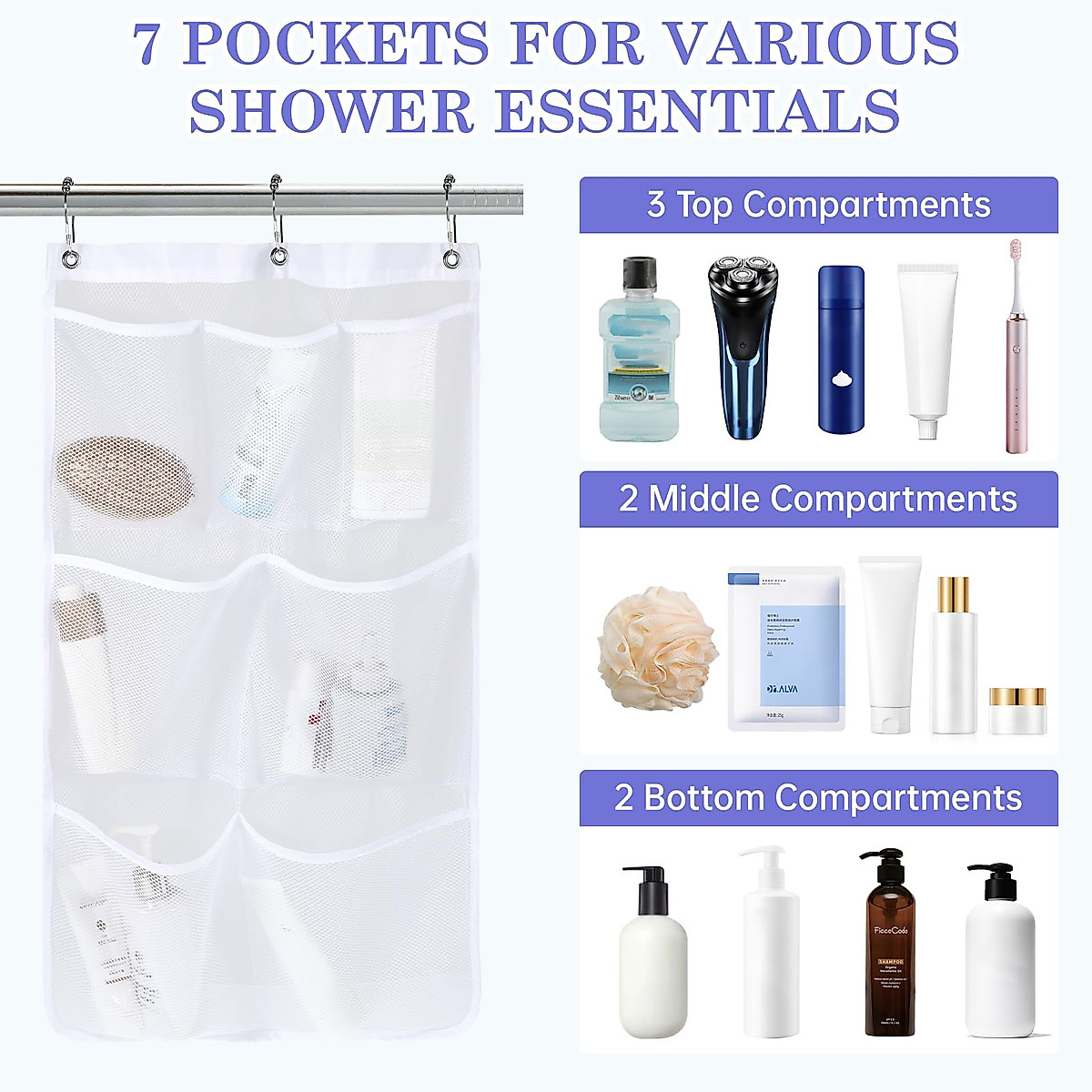 Tucnoeu Mesh Shower Caddy Hanging with 3pcs Adhesive Hooks and 3pcs Metal Loop Hangers, 7 Pockets Shower Hanging Organizer with Quick Drying Mesh,for Shampoo, Soap, White