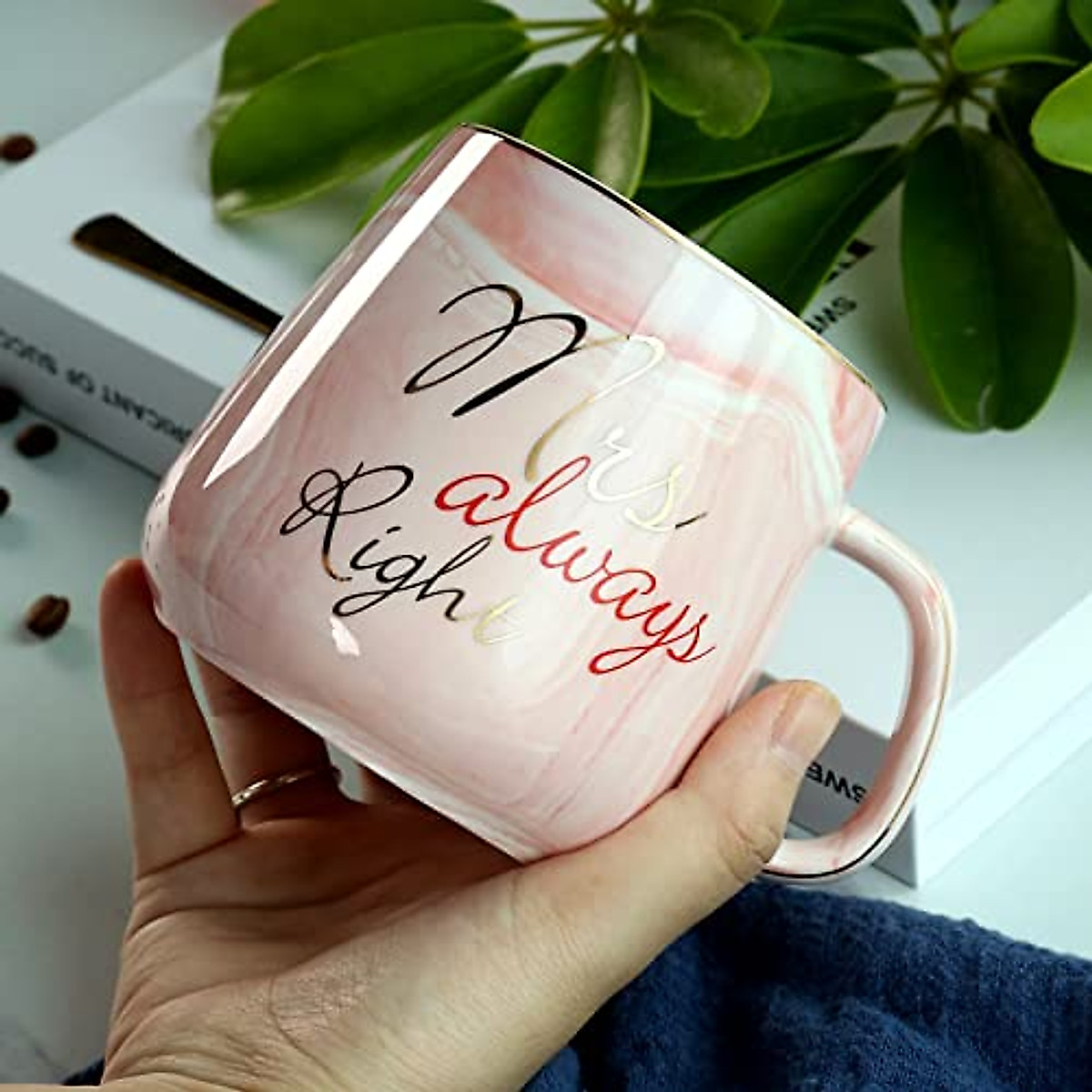 Mr Right Mrs Always Right Couple Coffee Mugs Cups - Bridal Shower Wedding Anniversary Valentine's Day Gift - Bride and Groom Newlyweds Married Couples Ceramic Marble Couple Cups Mugs Set (13.2 oz )