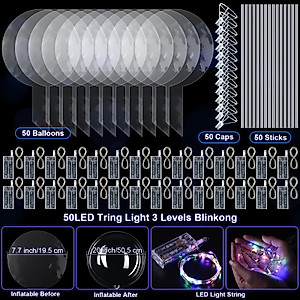 50 Pcs Clear Balloons 20 Inches LED Balloons Light up Balloons Flashing Bobo Balloons Glow Balloons Transparent Balloon with Handles and String Lights for Birthday Christmas Wedding Party Decoration