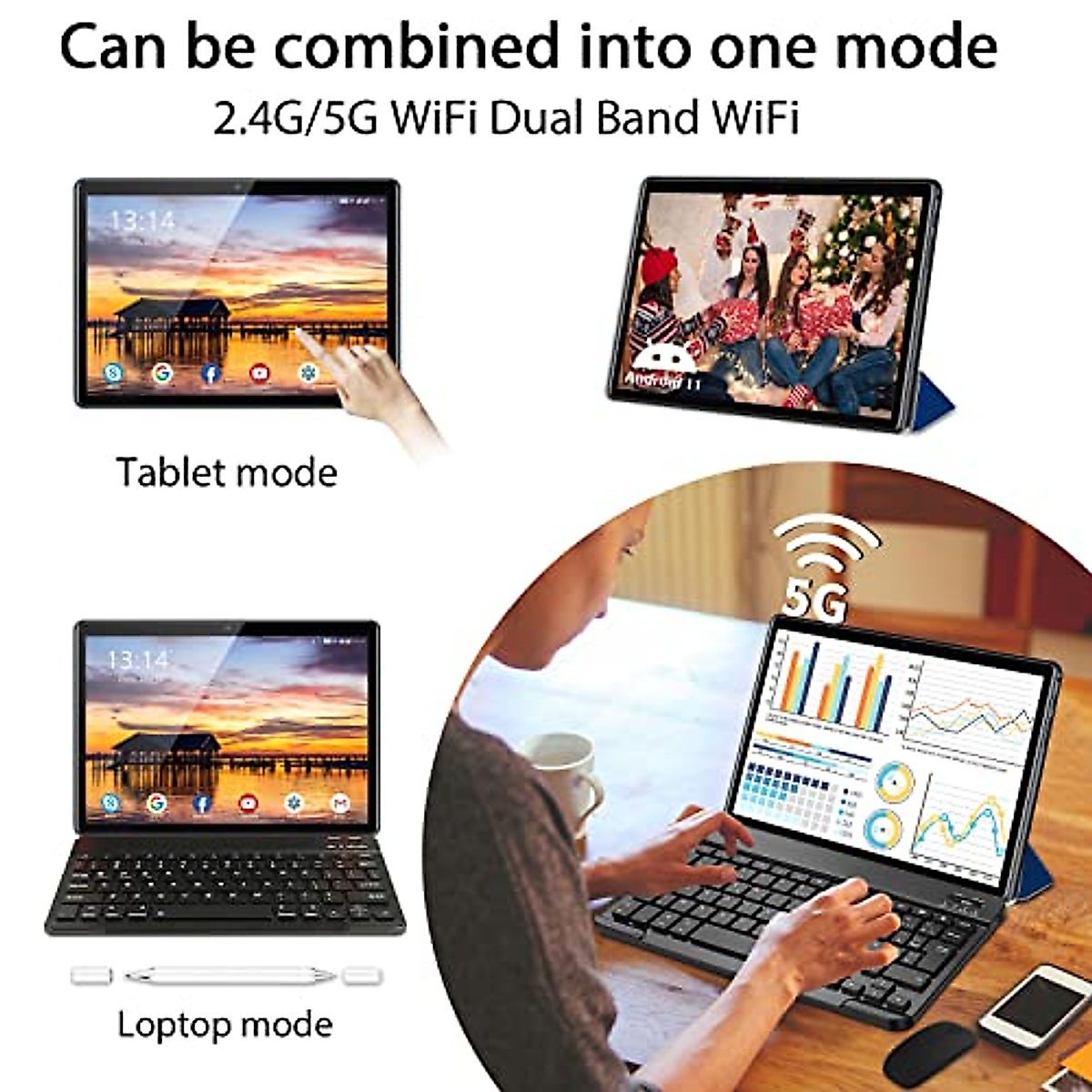 Tablet with Keyboard, Newest 2 in 1 Tablet 10 inch Android 11 Tablet, Quad-Core Processor, 64GB+4GB, 128GB Expandable, 2.4+5G WiFi, Dual Camera, 6000mAh, Bluetooth, GPS (Blue)
