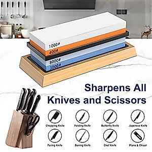 Knife Sharpening Stone Set - XINLINE 4 Side Grit 400/1000 3000/8000 Whetstone Sharpener Stone Kit, Premium kitchen Knife Sharpener, Bamboo Base, Flattening Stone, Angle Guide and Cut Resistant Gloves