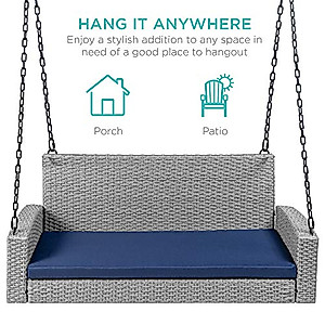 Best Choice Products Woven Wicker Outdoor Porch Swing, Hanging Patio Bench for Deck, Garden w/Mounting Chains, Seat Cushion - Gray/Navy