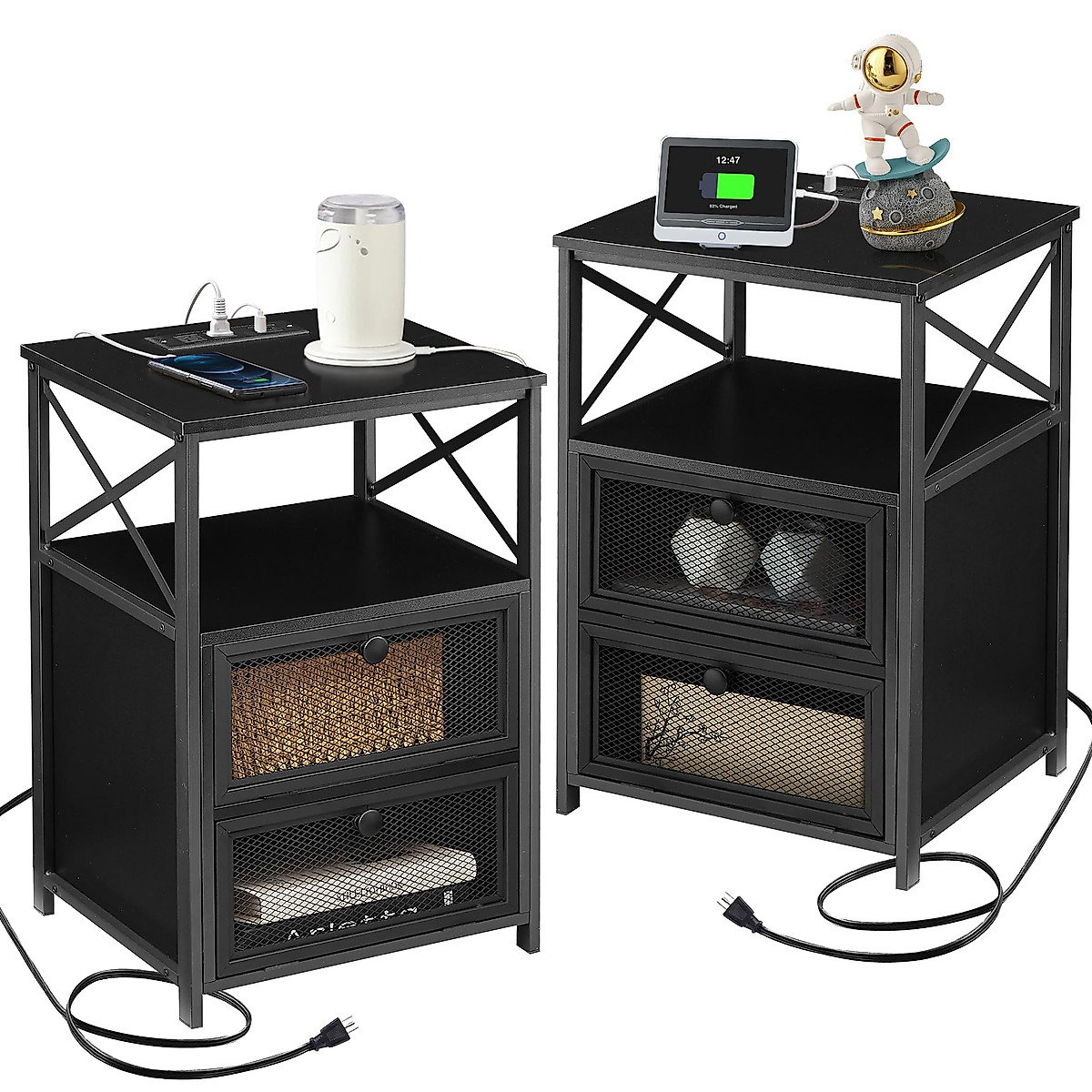 VECELO Black End Table Set of 2 with USB Ports and Outlets,24Inch Nightstands with Charging Station and Storage Shelf for Bedroom,Living Room