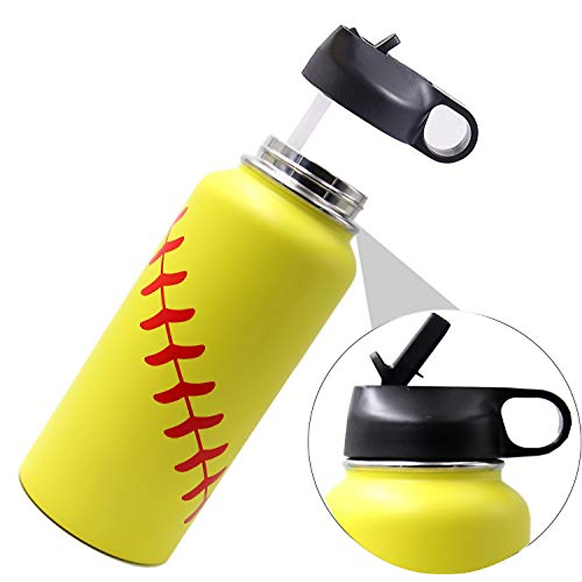 32 oz Softball Water Bottle, Flask Sports with 2 Lids 18/8 Stainless Steel Tumbler Double Wall Vacuum Insulated Hot/Cold (32oz, Yellow Softball)