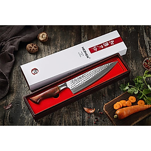 HEZHEN 8.3 Inches Damascus Chef Knife, Damascus Steel Powder Steel Kitchen KnifeHammered Pattern,Natural Rosewood Handle