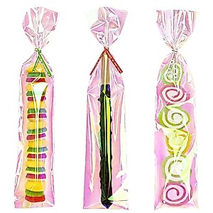 Yotelab Easter Iridescent Holographic Cellophane Treat Bags, 2x10 Inches Pretzel Bags with Ties, Pretzels Individual Bags, Prezetels Sticks Bags,100Pieces