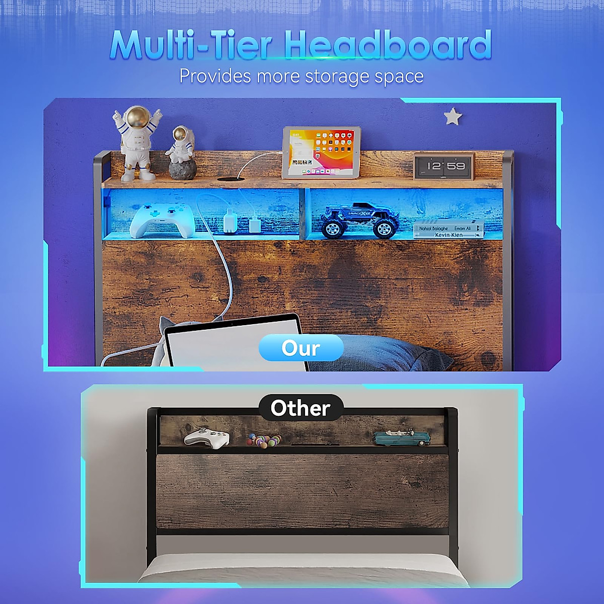 KKL Twin Bed Frames, Storage Headboard with Charging Station, RGB Light Strips, Solid and Stable, Noise Free, No Box Spring Needed, Easy Assembly, Rustic Brown