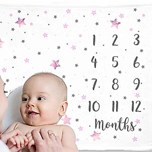 Elephant Baby Milestone Blanket Headband, Month Marker, Newborn Photography Background Mat Photo Prop, Calendar Growth Tracker Chart, I Love You to The Moon and Back Stars Nursery (Pink, Minky 50x40)