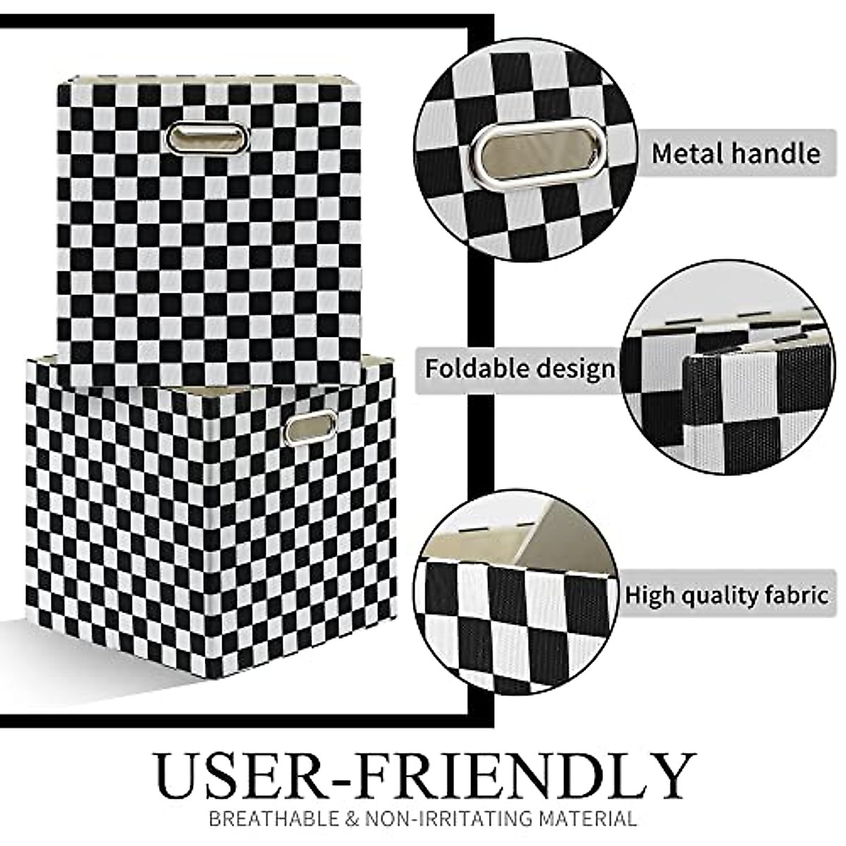Fboxac Cube Storage Bins 13×13 Polyester Foldable Box with Handles, Collapsible Organization Basket Set of 4 Large Capacity Drawer for Closet Shelf Cabinet Bookcase Bedroom, Checkerboard Black & White