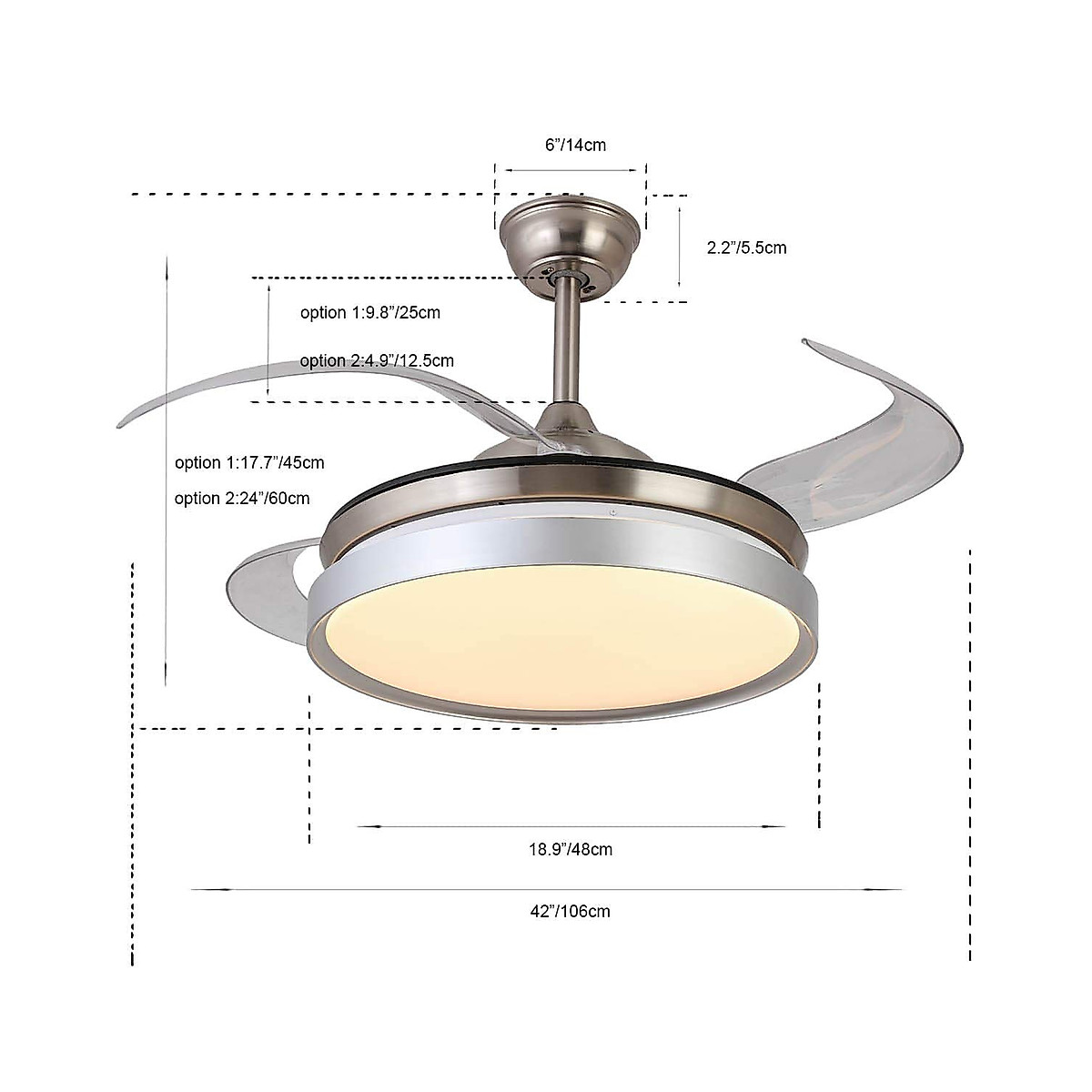 XM Retractable Ceiling Fan with Light and Remote Control Invisible Blades Ceiling Fan Chandelier LED 3 Light Color Change for Bedroom Living Room, 42 Inch