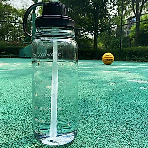 Ferexer Large 48 oz Glass Water Bottle with Straw & Time Marker, Reusable Motivational Borosilicate Water Bottle with Neoprene Sleeve BPA Free