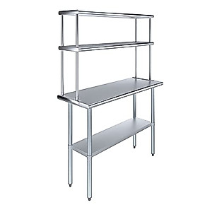 18" x 48" Stainless Steel Work Table with 12" Wide Double Tier Overshelf | Metal Kitchen Prep Table & Shelving Combo