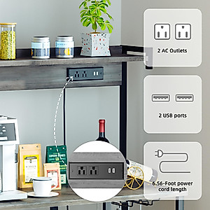 JAMFLY Kitchen Bakers Rack with Power Outlet, Coffee Bar Cabinet, Kitchen Cart, Large Microwave Stands Cart with 6 S-Shaped Hooks, Wine Glass Holder and Basket (Grey)